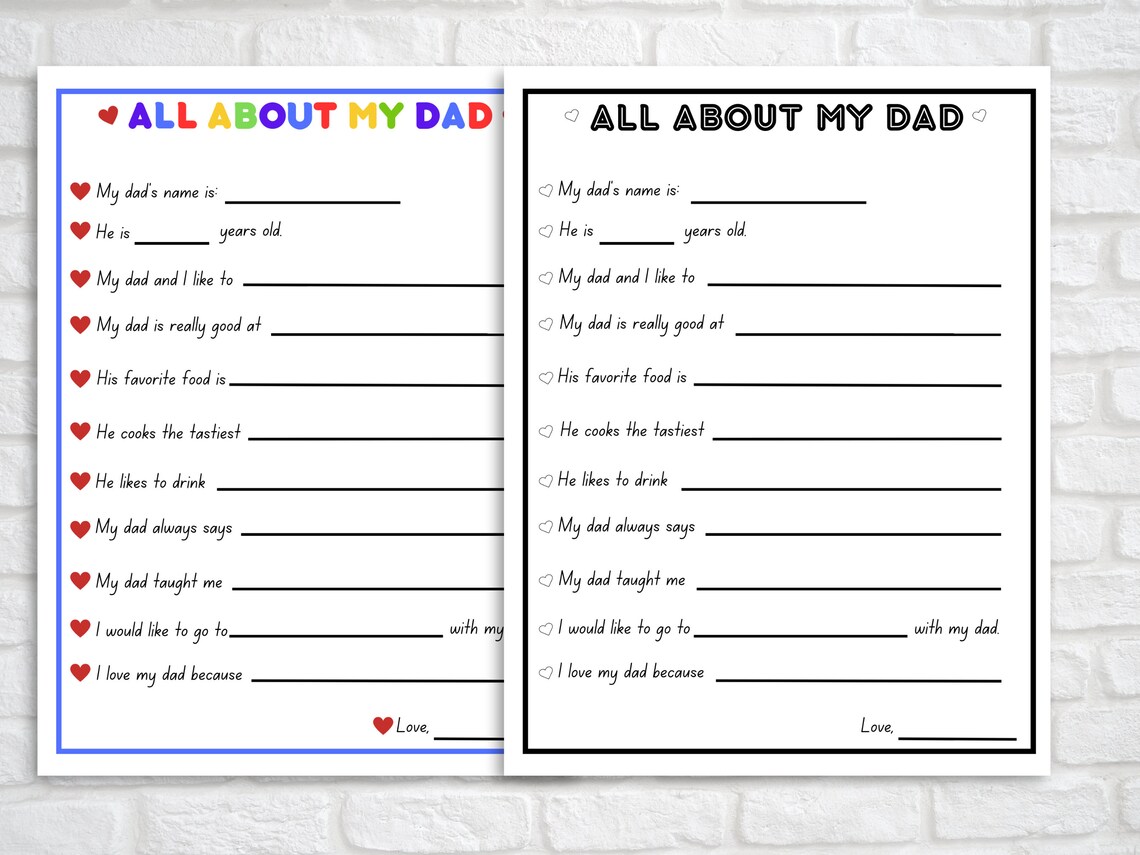 All About My Dad Fill in the Blanks Questionnaire, Father's Day Craft ...