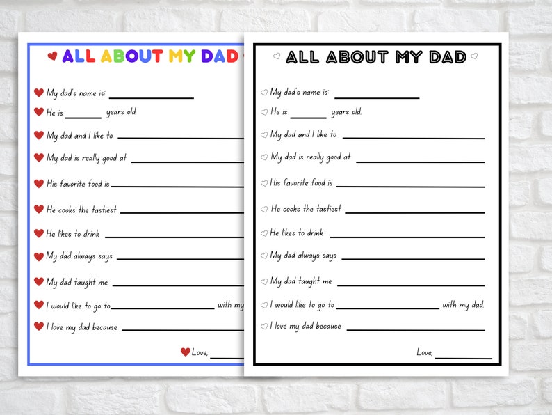 All About My Dad Fill in the Blanks Questionnaire, Father's Day Craft ...