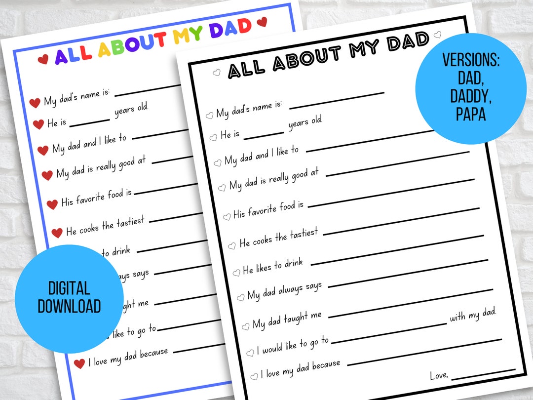 All About My Dad Fill in the Blanks Questionnaire, Father's Day Craft ...