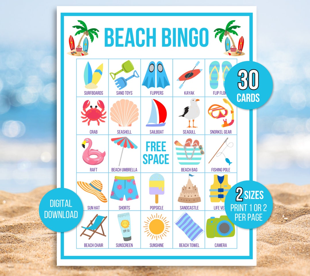 Beach Bingo, Fun in the Sun Bingo, 30 Printable Beach Bingo Cards ...