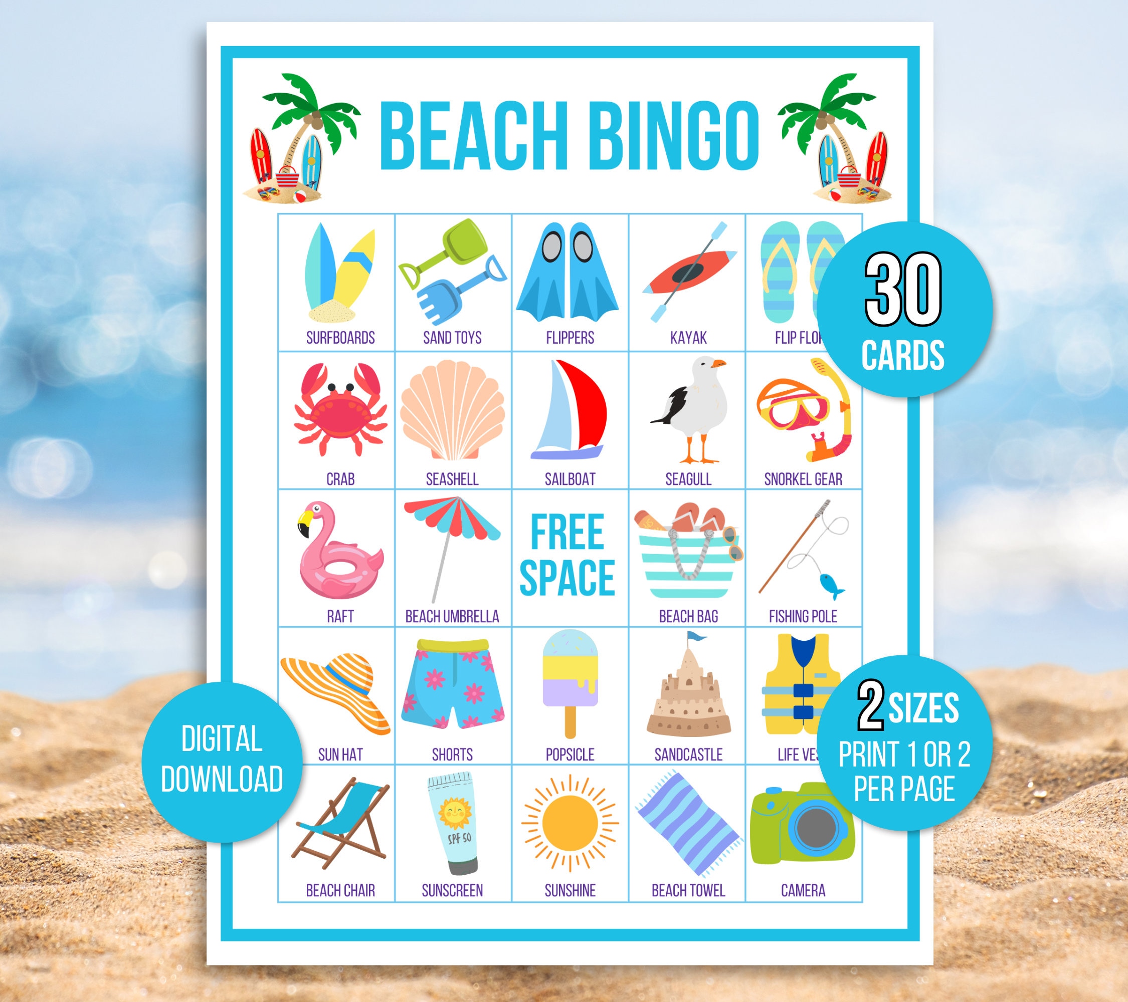 Beach Bingo, Fun in the Sun Bingo, 30 Printable Beach Bingo Cards ...
