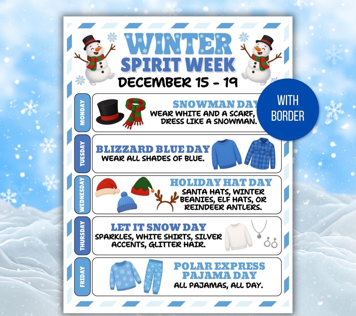 Customizable Winter School Spirit Week Flyer, Customizable Holiday ...