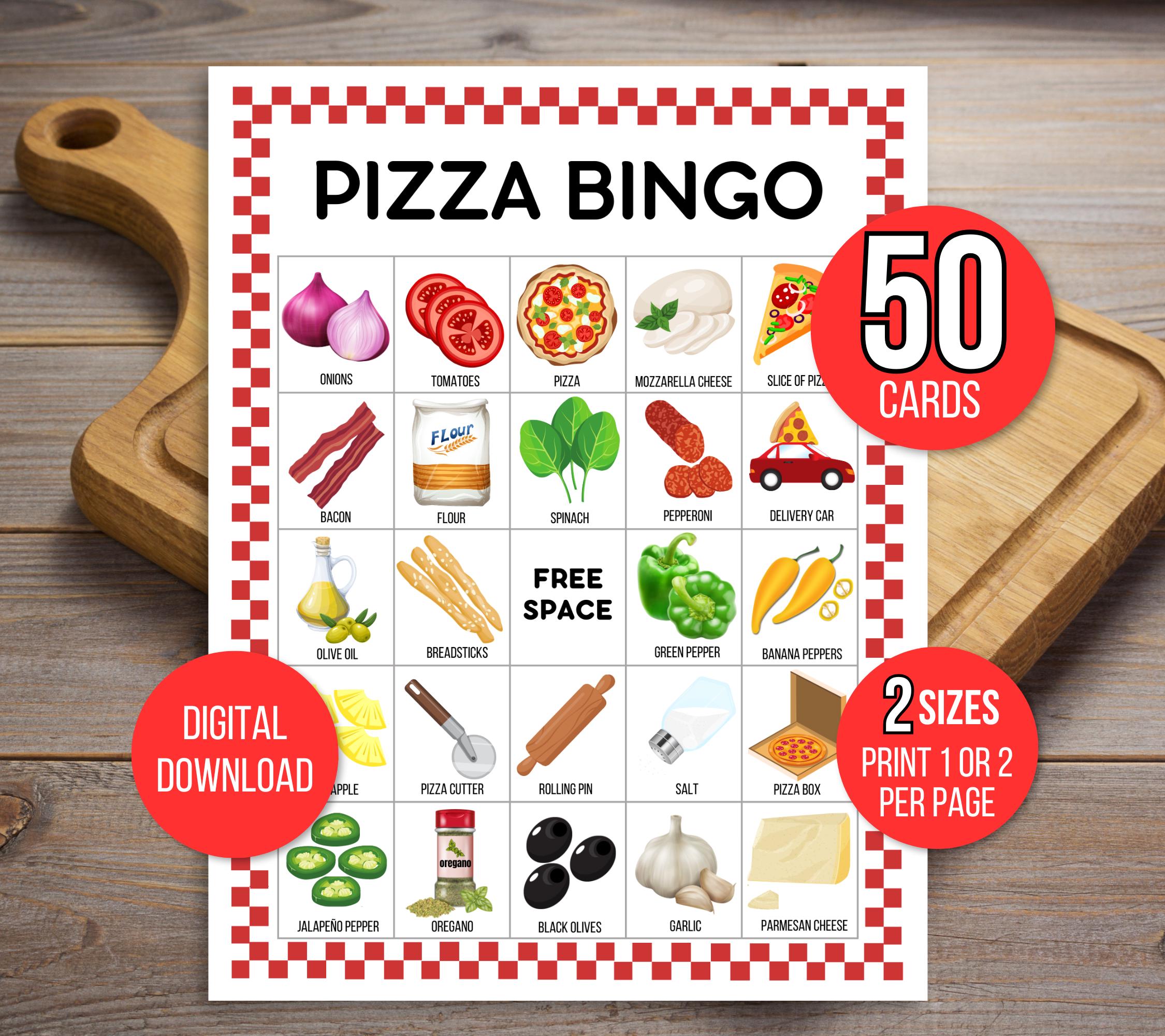Pizza Bingo, Pizza Party Bingo, 50 Printable Pizza Bingo Cards, Pizza ...