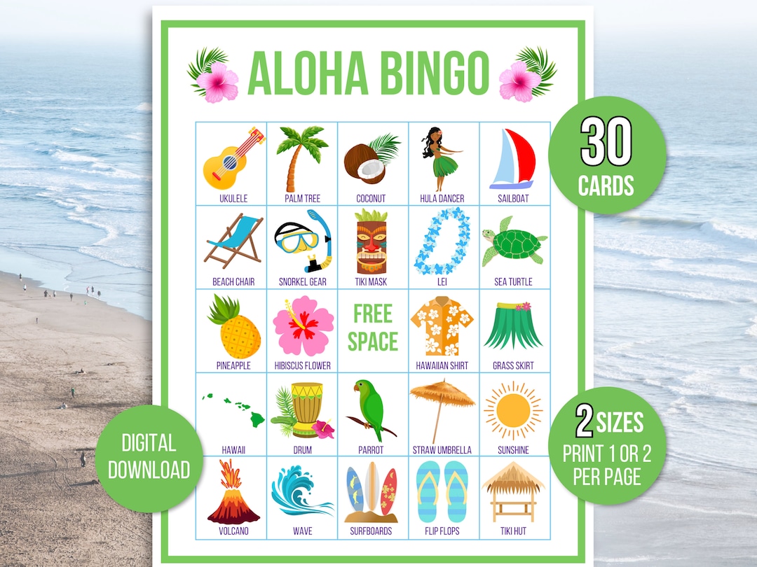 Aloha Bingo, Luau Bingo, Hawaiian Bingo, 30 Printable Luau Bingo Cards ...