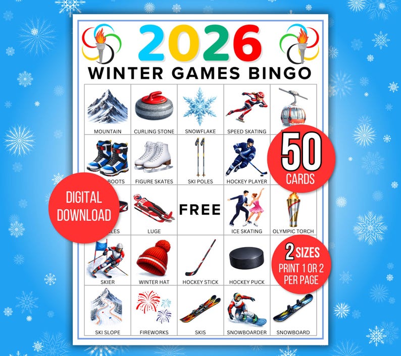 Winter Games Bingo, 50 Winter Games Bingo Cards, Winter Games, Winter ...