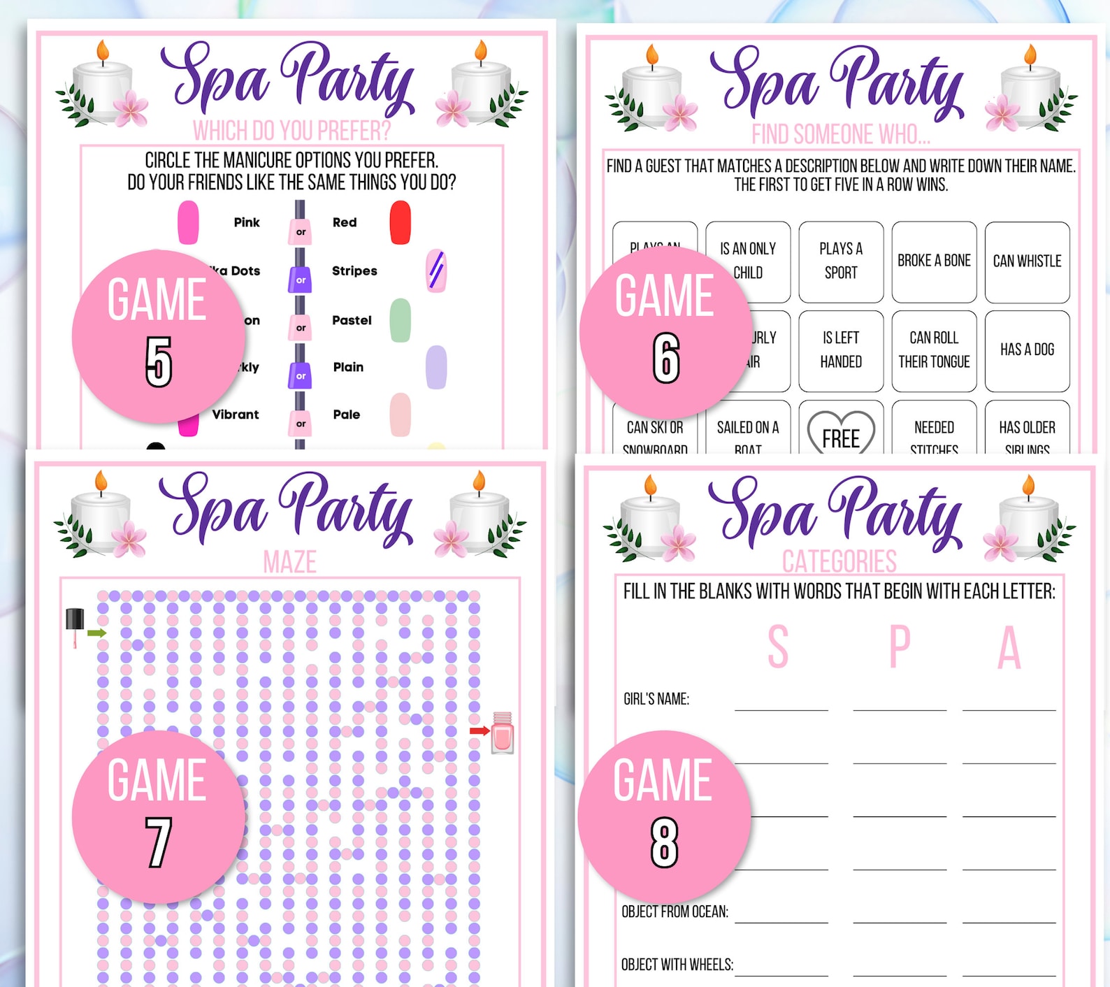 Spa Party Games Printable, Spa Party Activities, Girls Spa Party Games ...