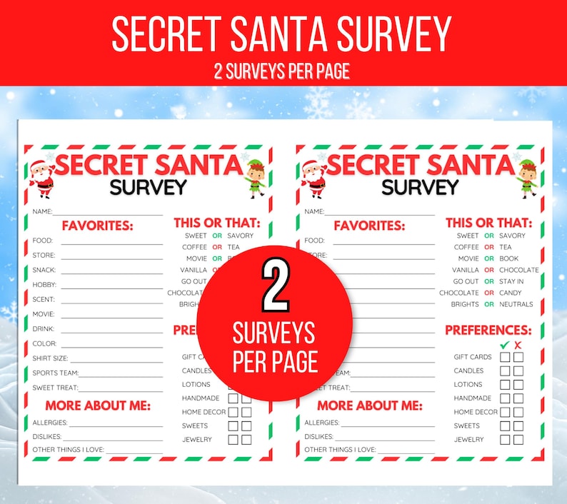 Secret Santa Questionnaire, Printable Secret Santa Survey, Gift ...