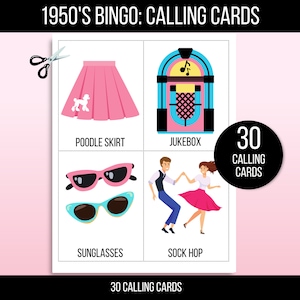50s Bingo, 1950s Bingo, 30 Printable 1950s Bingo Cards, 50s Game, 50s ...