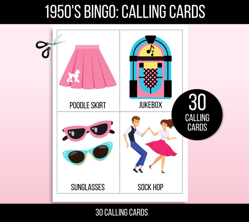 50s Bingo, 1950s Bingo, 30 Printable 1950s Bingo Cards, 50s Game, 50s ...