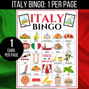 Italy Bingo, 60 Italy Travel Bingo Cards, Travel Bingo, Italian Bingo ...