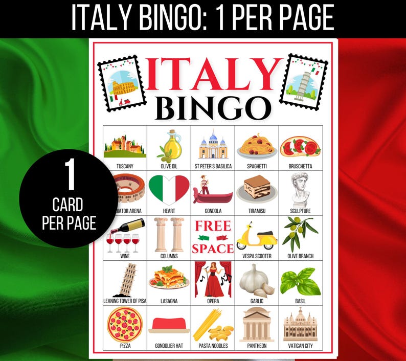 Italy Bingo, 60 Italy Travel Bingo Cards, Travel Bingo, Italian Bingo ...