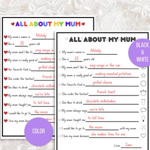 All About My Mom Fill in the Blanks Questionnaire, Mother's Day Craft ...