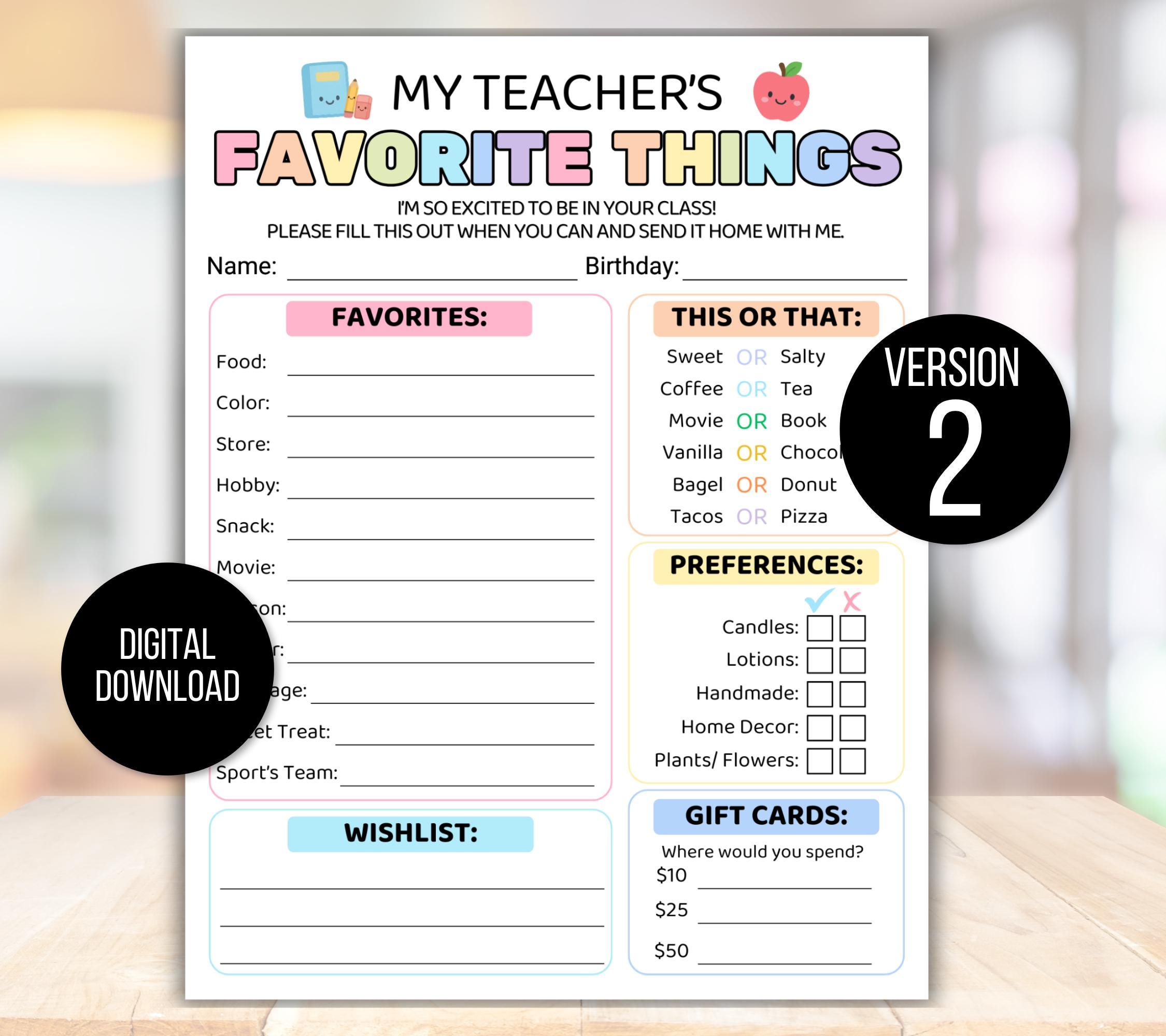 All About My Teacher, Teacher Favorite Things Printable, Get to Know ...
