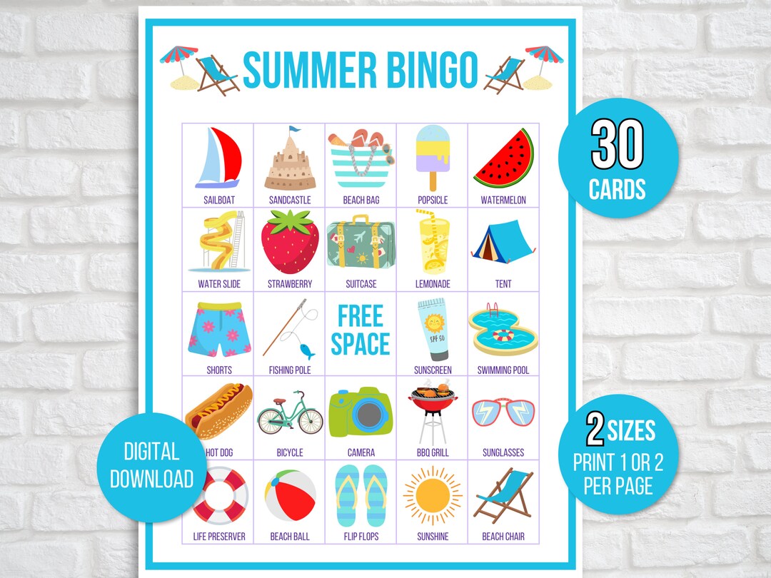 Summer Bingo, 30 Unique Printable Summer Bingo Cards, Summer Game ...