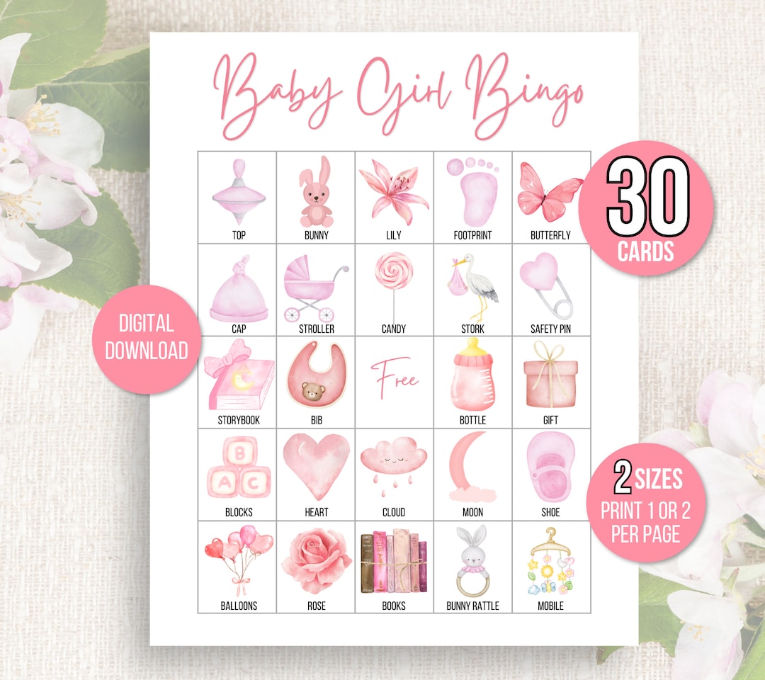 Baby Girl Bingo, 30 Baby Shower Bingo Cards, Baby Girl Shower Printable ...