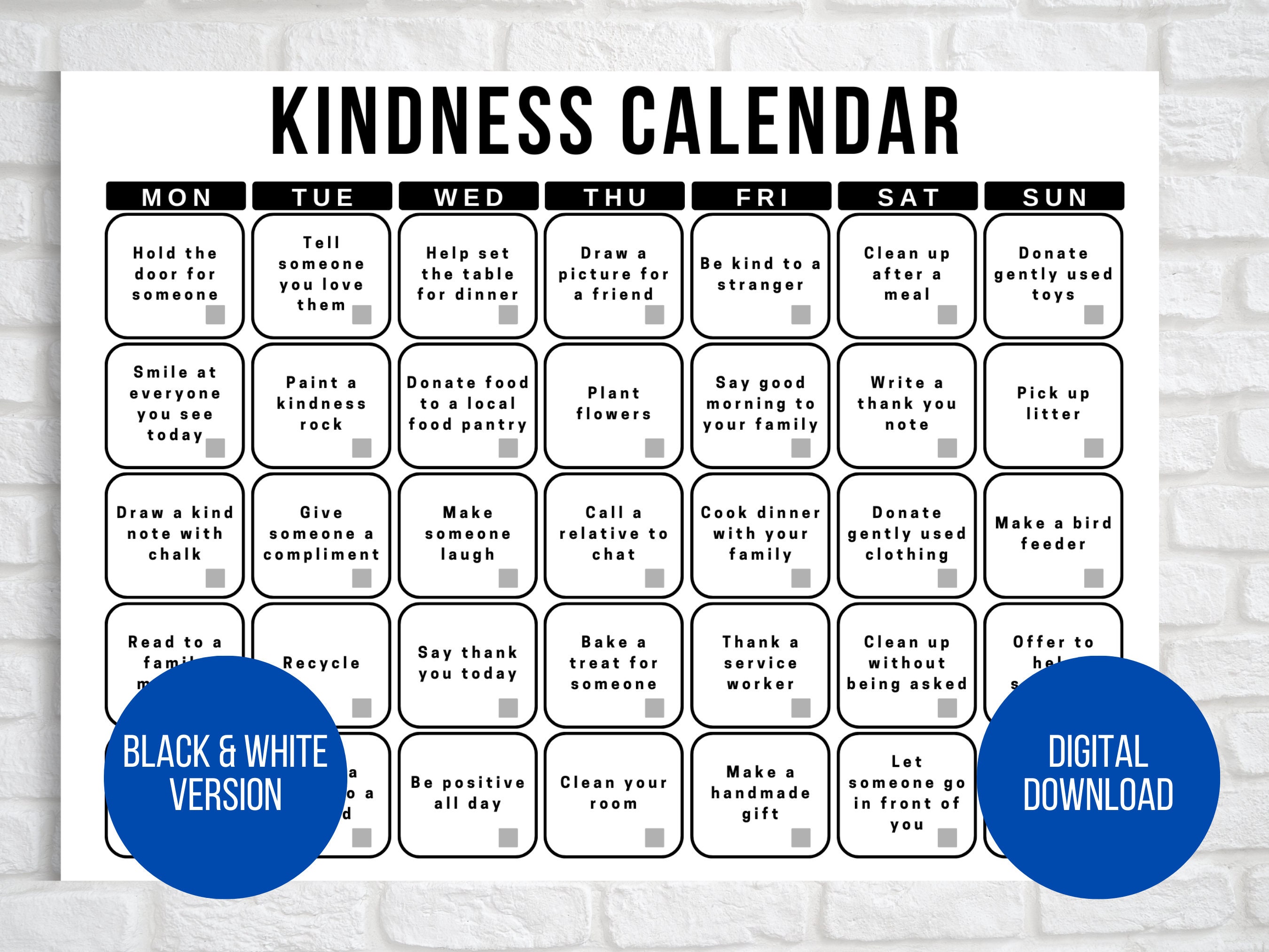 Kindness Calendar, Acts of Kindness Calendar, Kid's Kindness Challenge ...