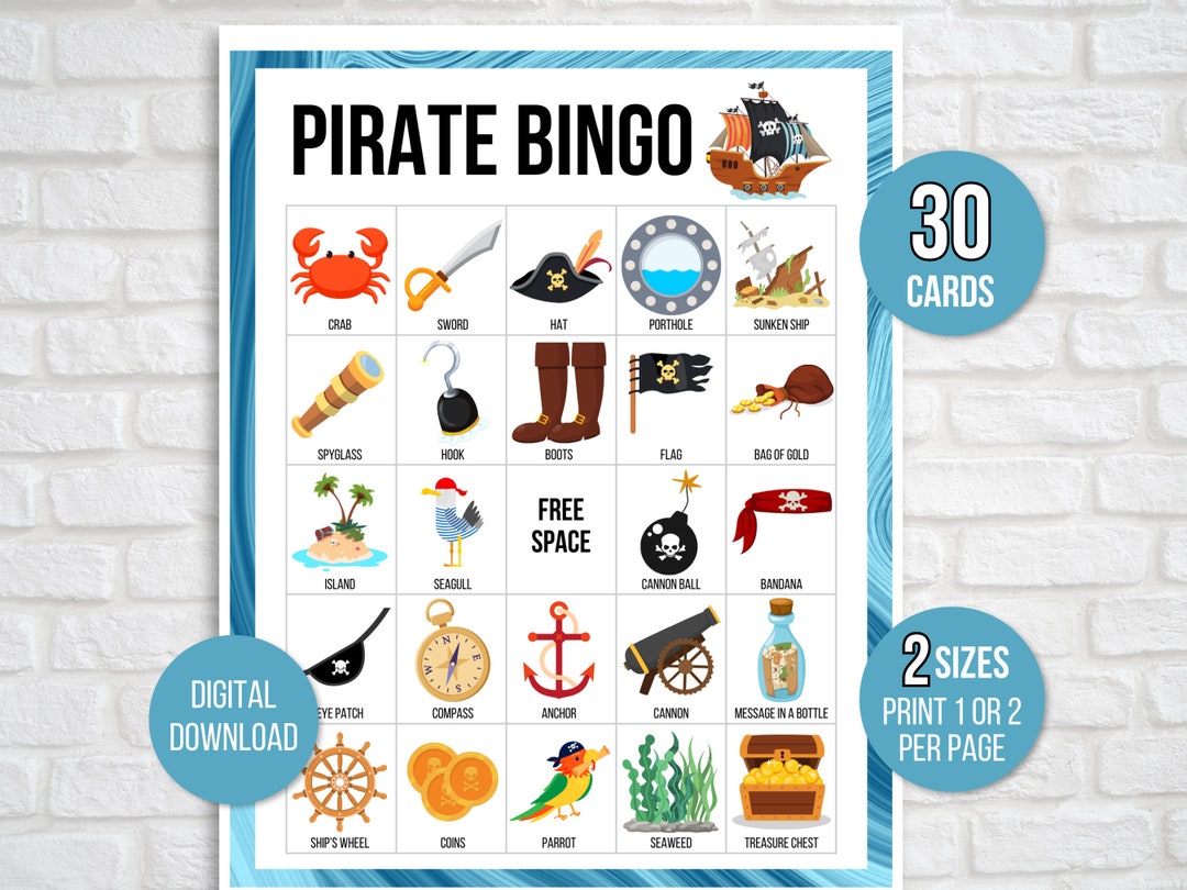 Pirate Bingo, 30 Printable Pirate Bingo Cards, Pirate Birthday, Pirate ...