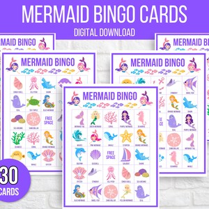 Mermaid Bingo, 30 Unique Printable Mermaid Bingo Cards, Mermaid Game ...