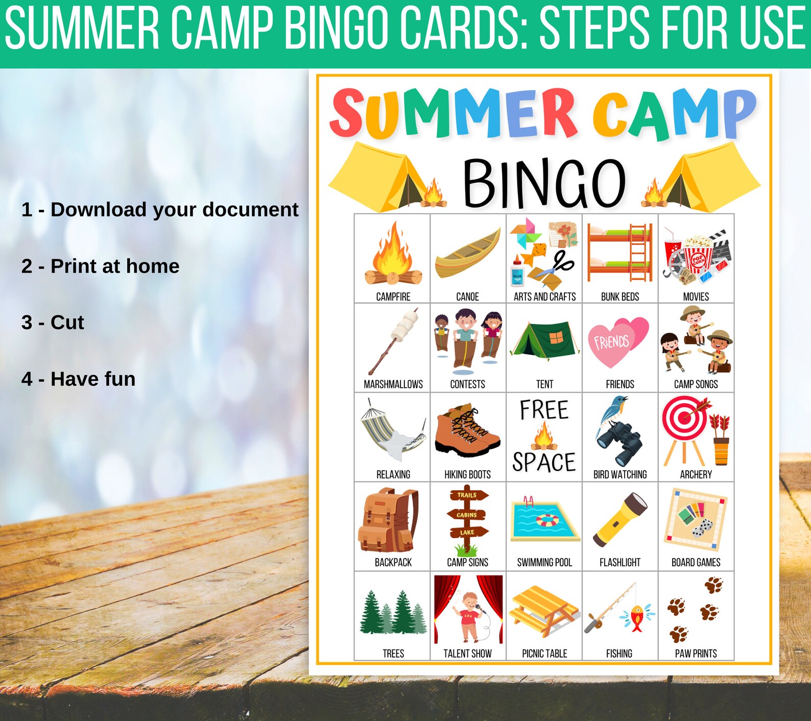 Summer Camp Bingo, 30 Summer Camp Bingo Cards, Summer Camp Game, Camp ...