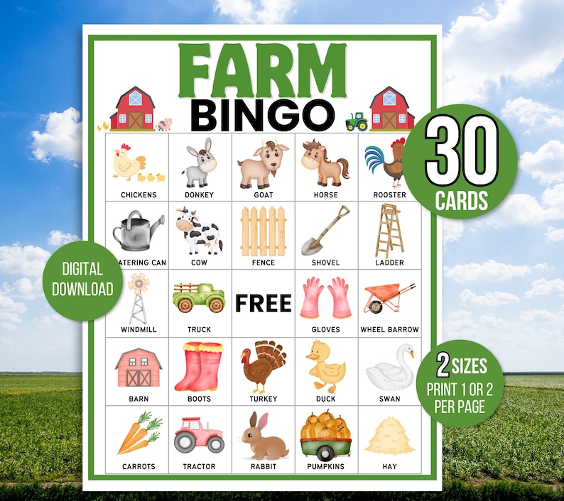 Farm Bingo, 30 Printable Farm Bingo Cards, Barnyard Bingo, Barnyard ...