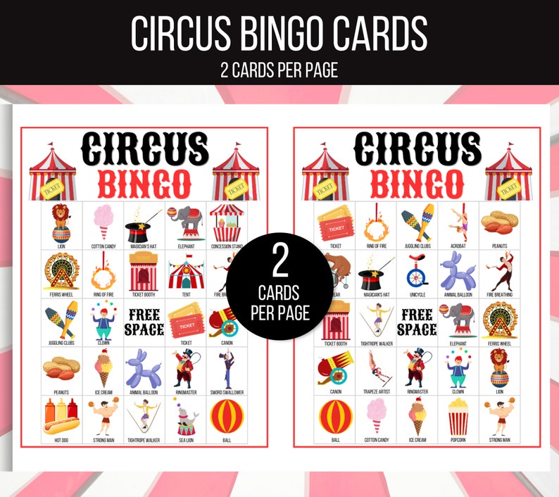 Circus Bingo, 30 Printable Circus Bingo Cards, Circus Party Game ...