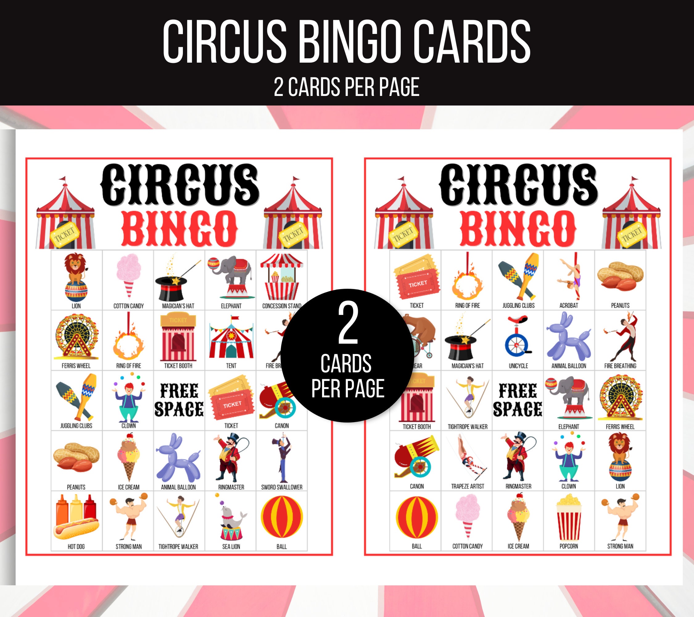 Circus Bingo, 30 Printable Circus Bingo Cards, Circus Party Game ...