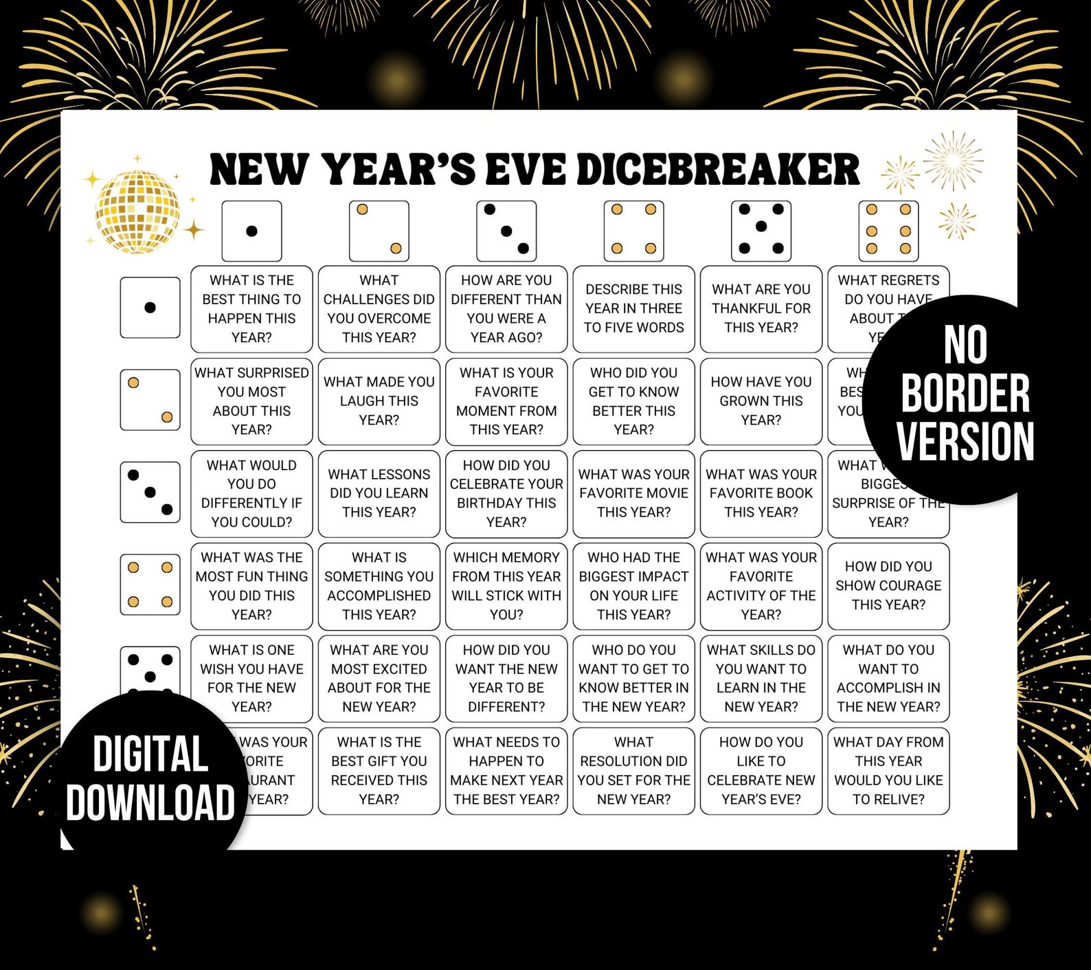 New Years Eve Dicebreaker, New Years Dicebreaker, New Years Icebreaker ...