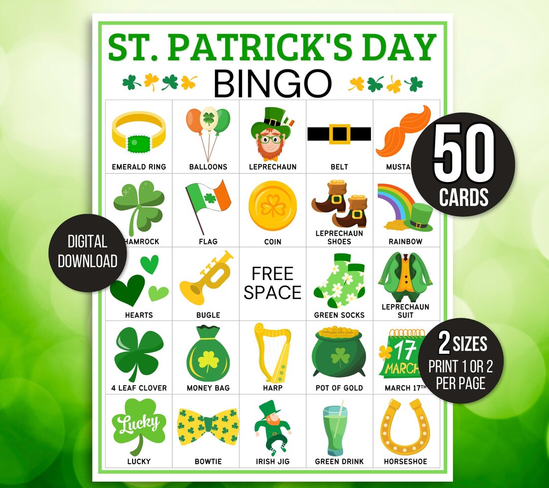 St. Patrick's Day Bingo, 50 St. Patrick's Bingo Cards, St. Patrick's ...