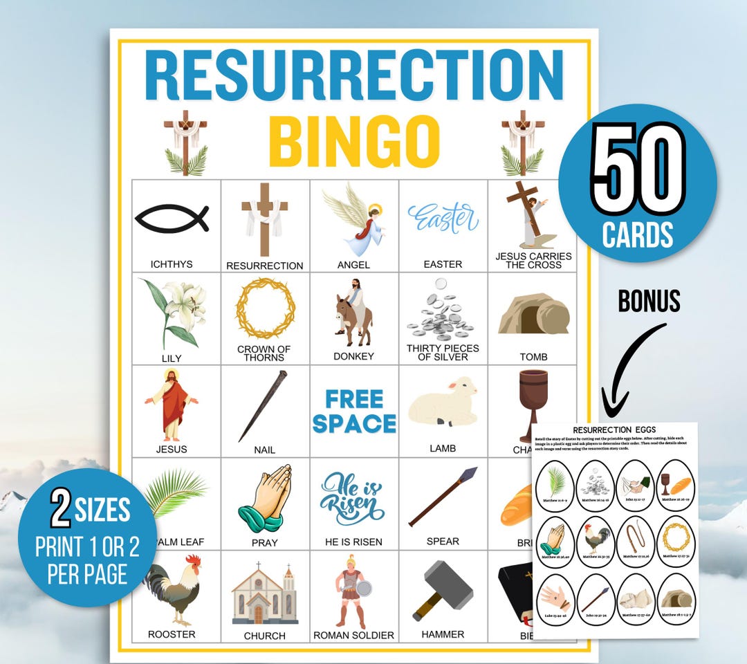 Resurrection Bingo, 50 Religious Easter Bingo Cards, Easter Bible Bingo ...
