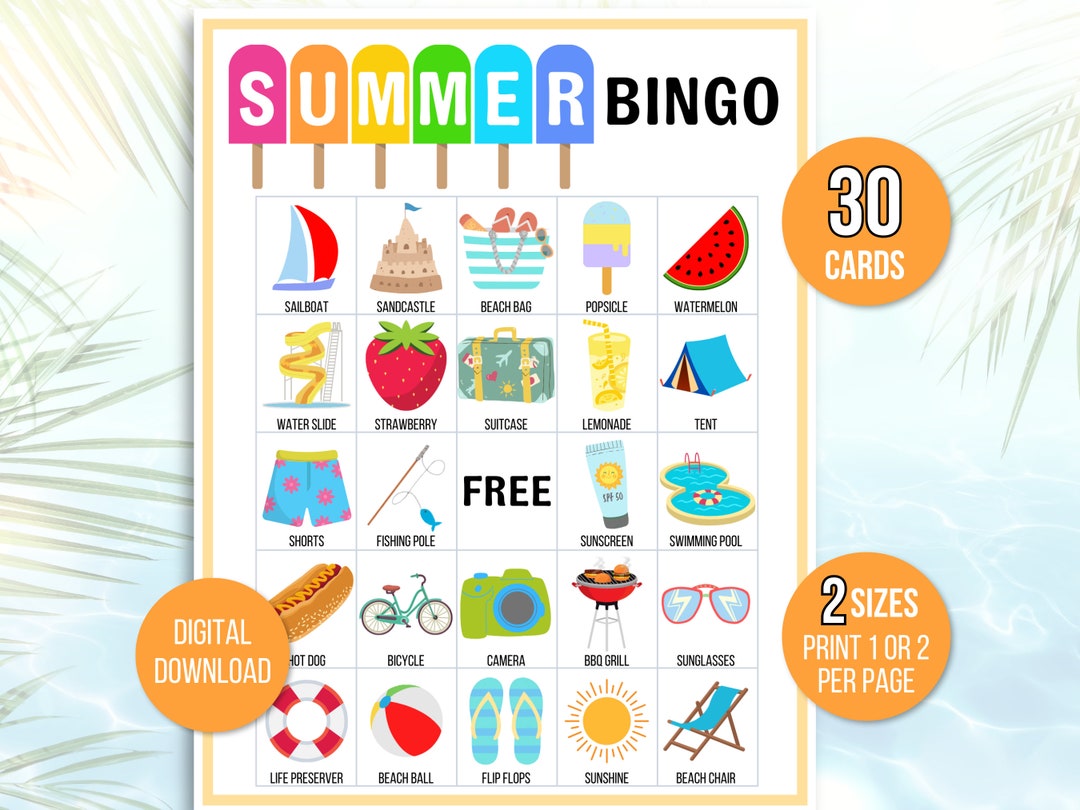 Summer Bingo, 30 Unique Printable Summer Bingo Cards, Summer Game ...