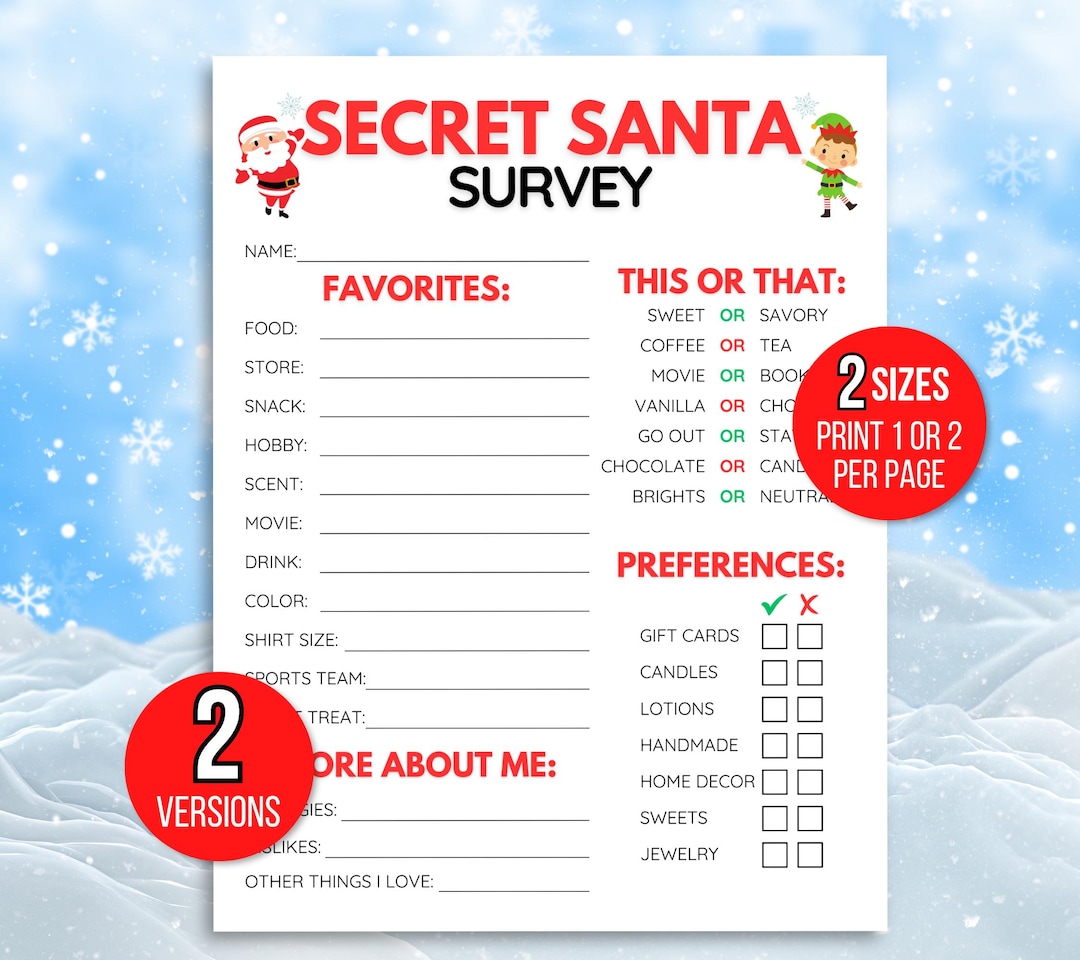 Secret Santa Questionnaire, Printable Secret Santa Survey, Gift ...