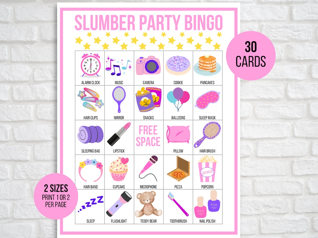 Slumber Party Bingo, Pajama Party Bingo, Sleepover Bingo, 30 Slumber ...