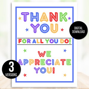 Appreciation Week Printable Sign, Thank You for All You Do, Teacher ...