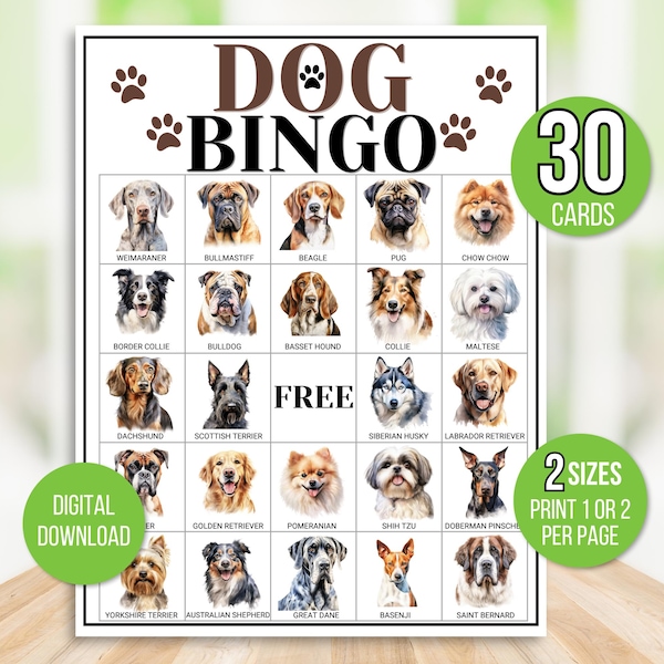 Dog Breed Bingo, Printable Bingo Cards for Kids, Dog Birthday Party ...