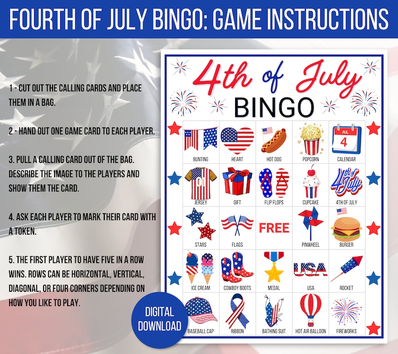 4th of July Bingo, 40 Fourth of July Bingo Cards, Patriotic Bingo ...