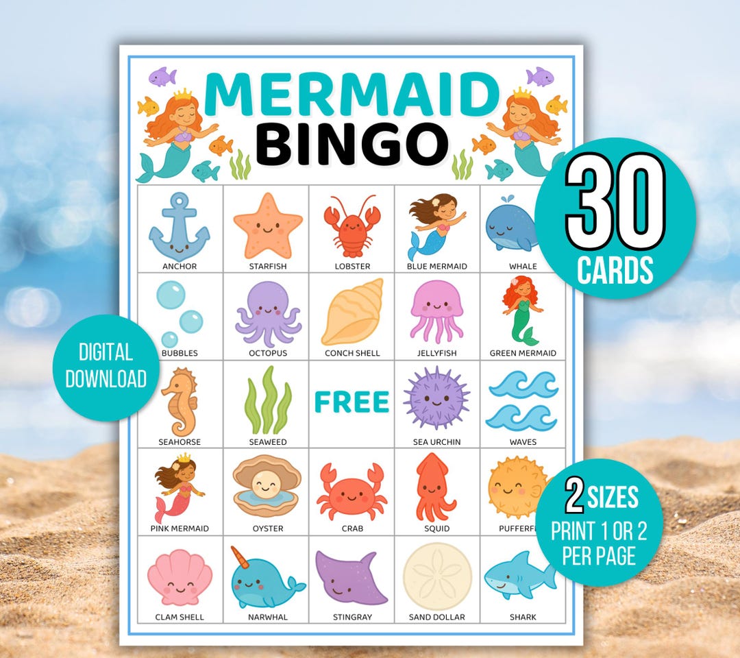 Mermaid Bingo, Unique Printable Mermaid Bingo Cards, Mermaid Game ...