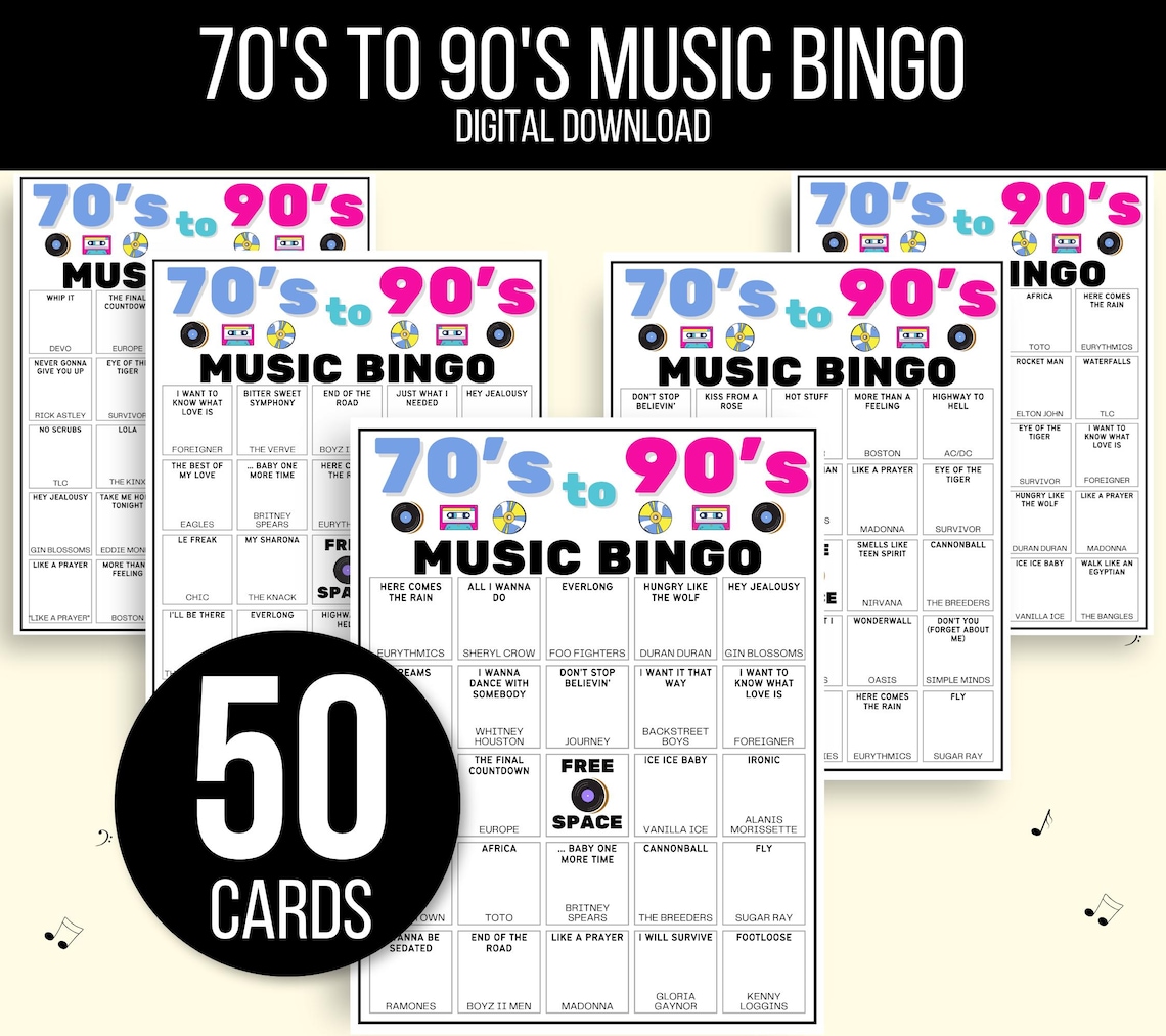 70s, 80s, 90s Music Bingo, Decades of Hits Bingo, 70s to 90s Bingo, 70s ...