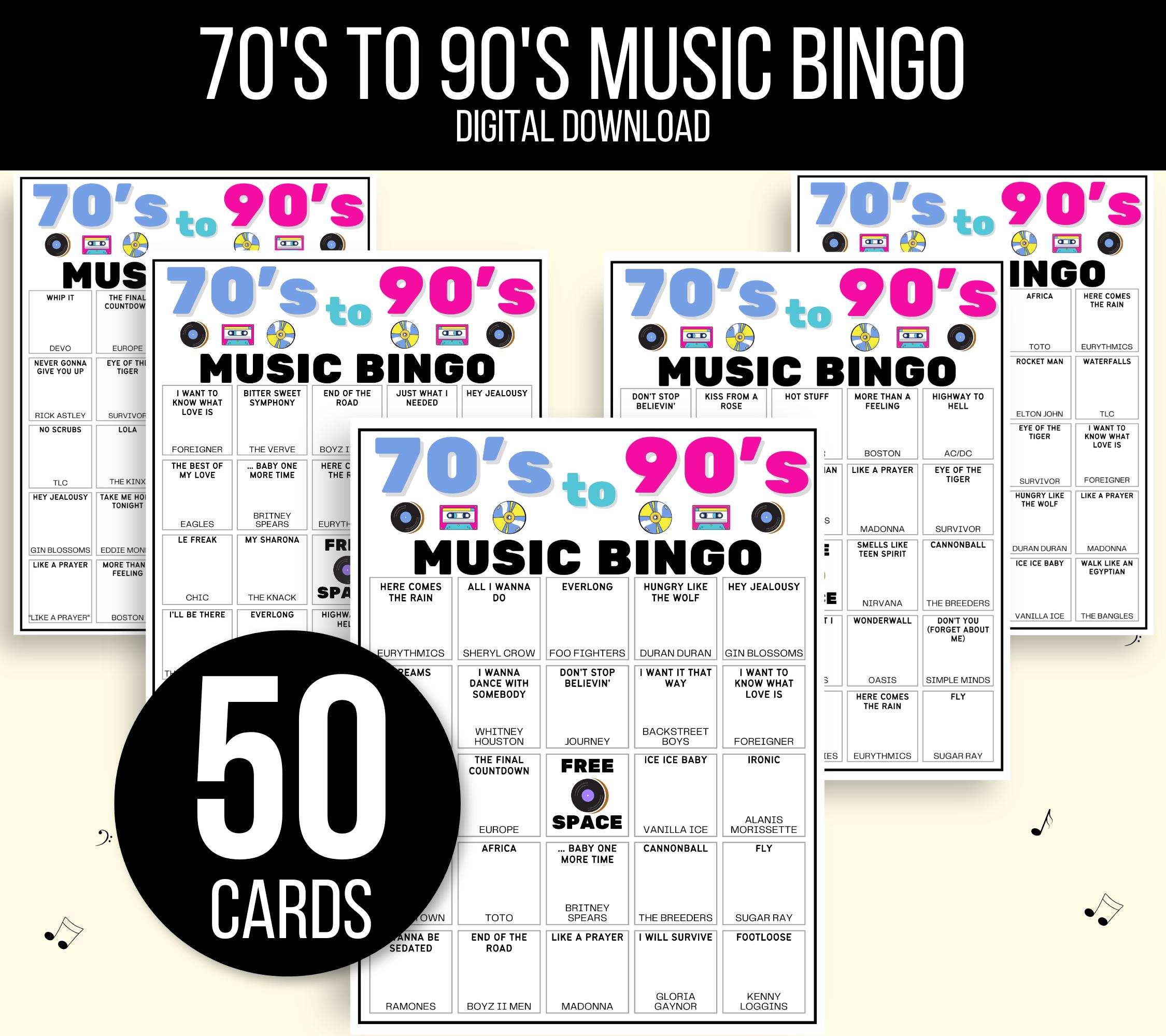 70s, 80s, 90s Music Bingo, Decades of Hits Bingo, 70s to 90s Bingo, 70s ...