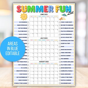 Editable Summer Calendar Poster, Summer Bucket List, Summer Checklist ...