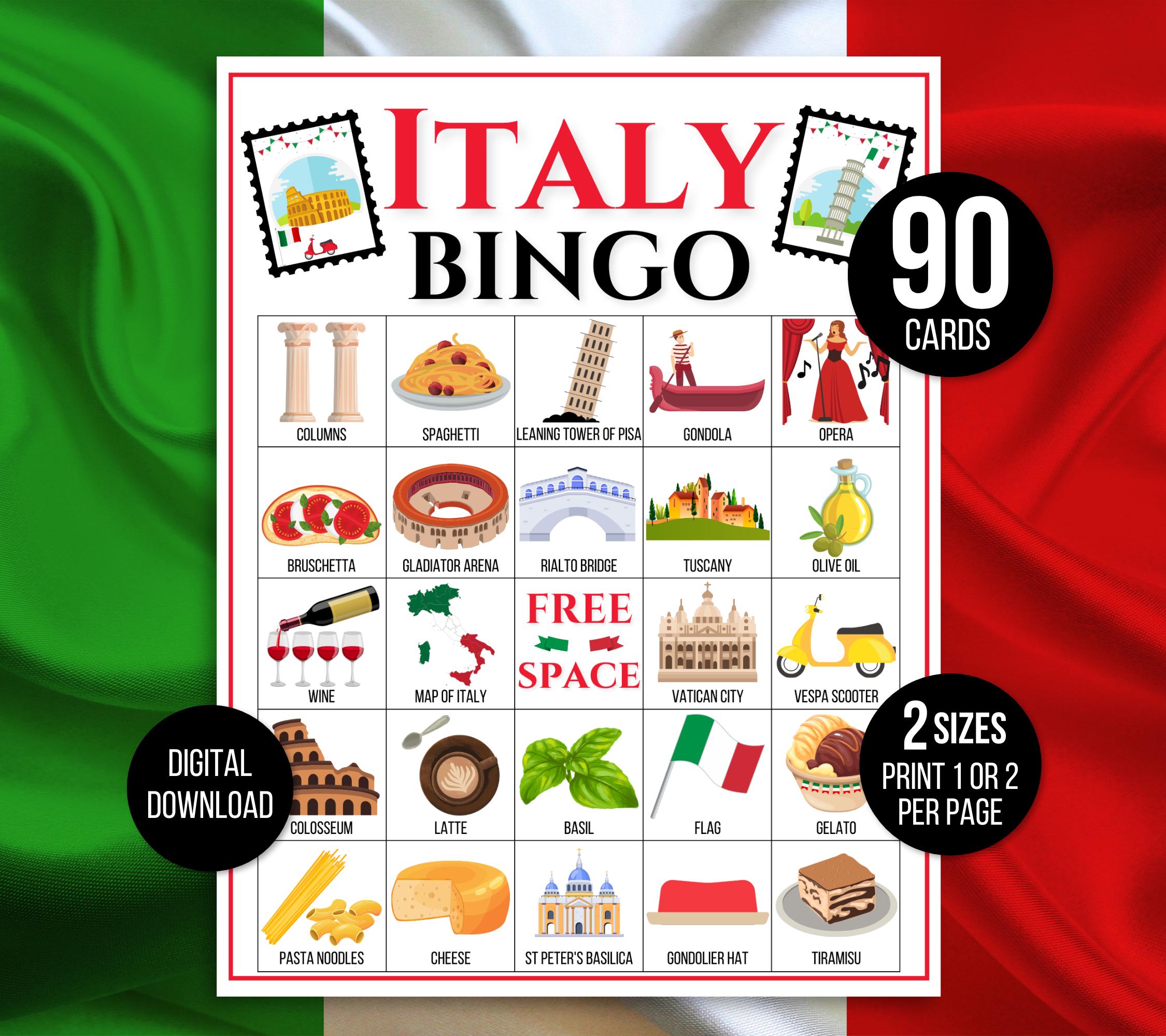 Italy Bingo, 90 Italy Travel Bingo Cards, Travel Bingo, Italian Bingo ...
