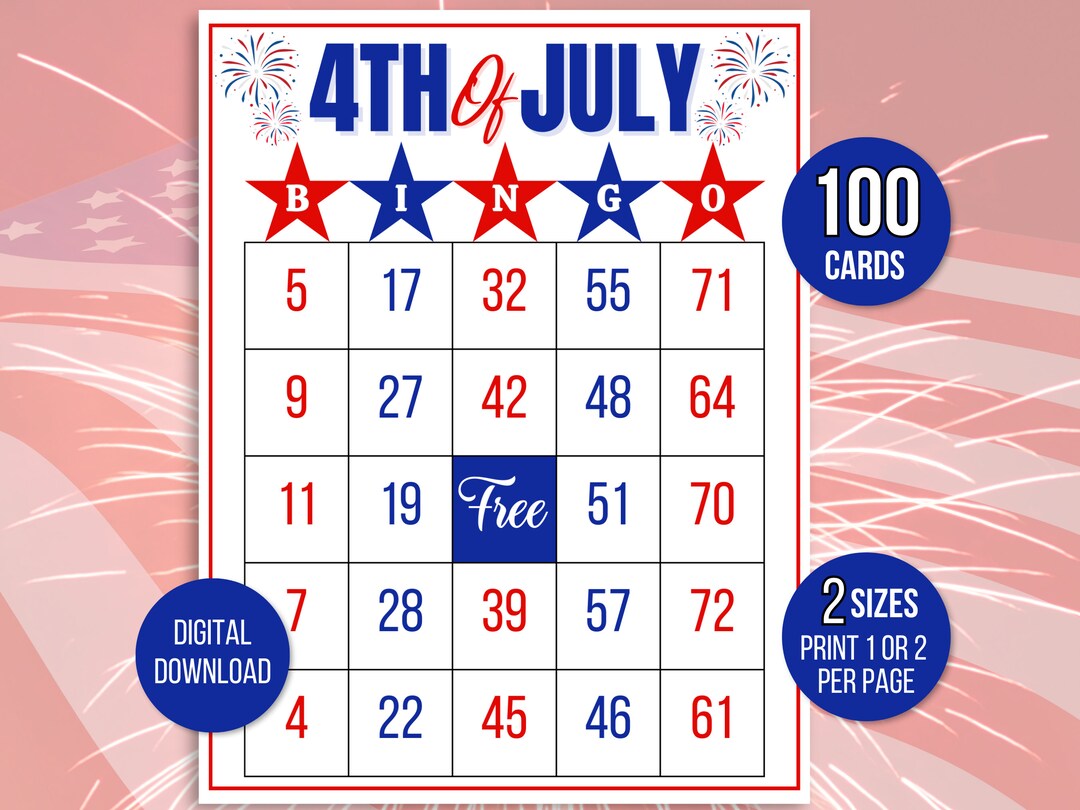 4th of July Bingo, 100 Fourth of July Bingo Cards, Fourth of July Carte ...