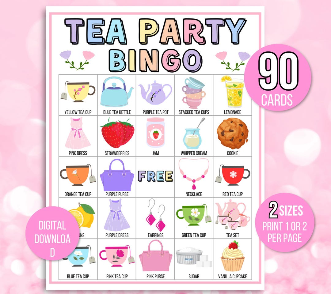 Tea Party Bingo, 90 Printable Tea Party Bingo Cards, Tea Party Game ...