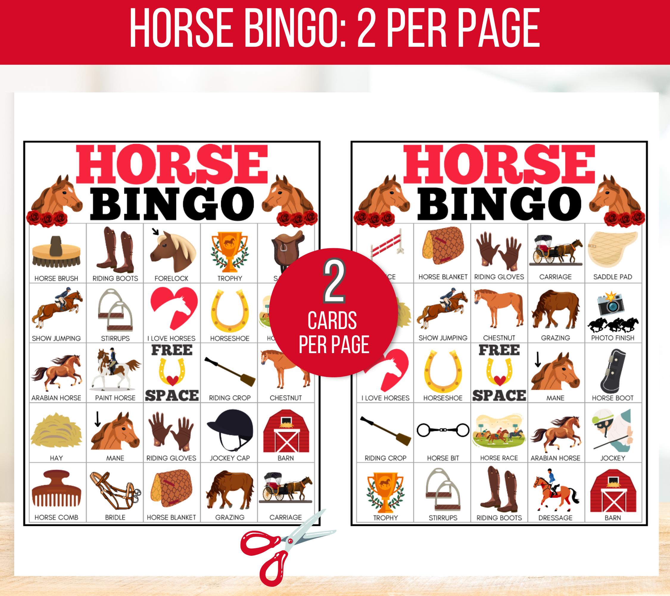 Horse Bingo, 50 Horse Bingo Cards, Horse Game, Horse Game for Kids ...