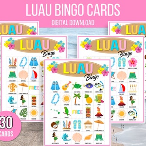 Luau Bingo, Aloha Bingo, Hawaiian Bingo, 30 Printable Luau Bingo Cards ...