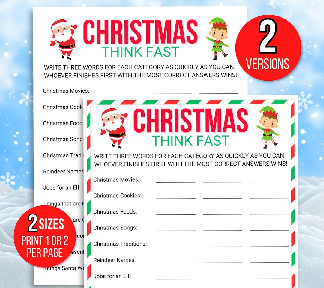 Think Fast Christmas Game, Fun Christmas Game, Printable Christmas Game ...