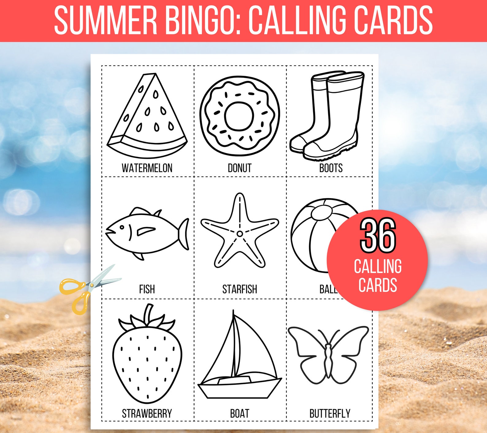 Summer Bingo, 40 Summer Bingo Cards, Coloring Bingo Game, Summer Game ...