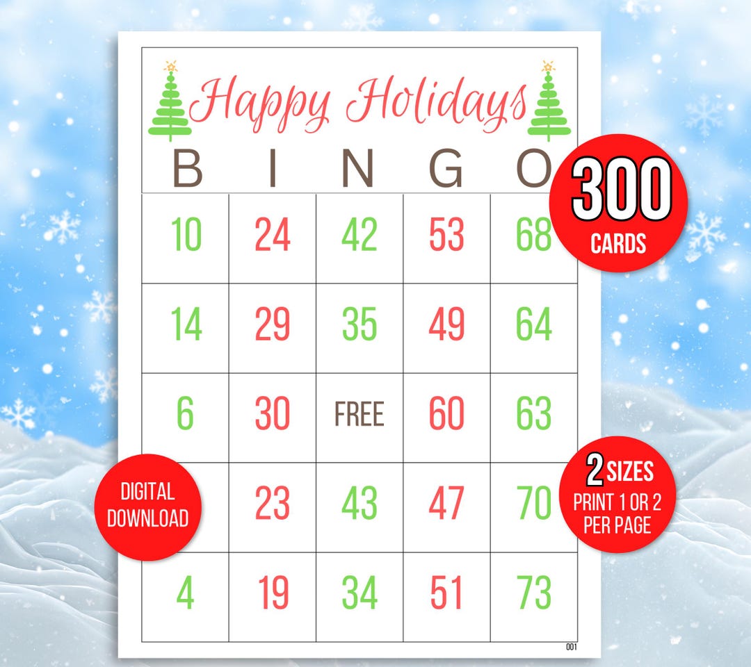 300 Holiday Bingo Cards, Happy Holiday Game, 1, 2, or 4 per Page ...