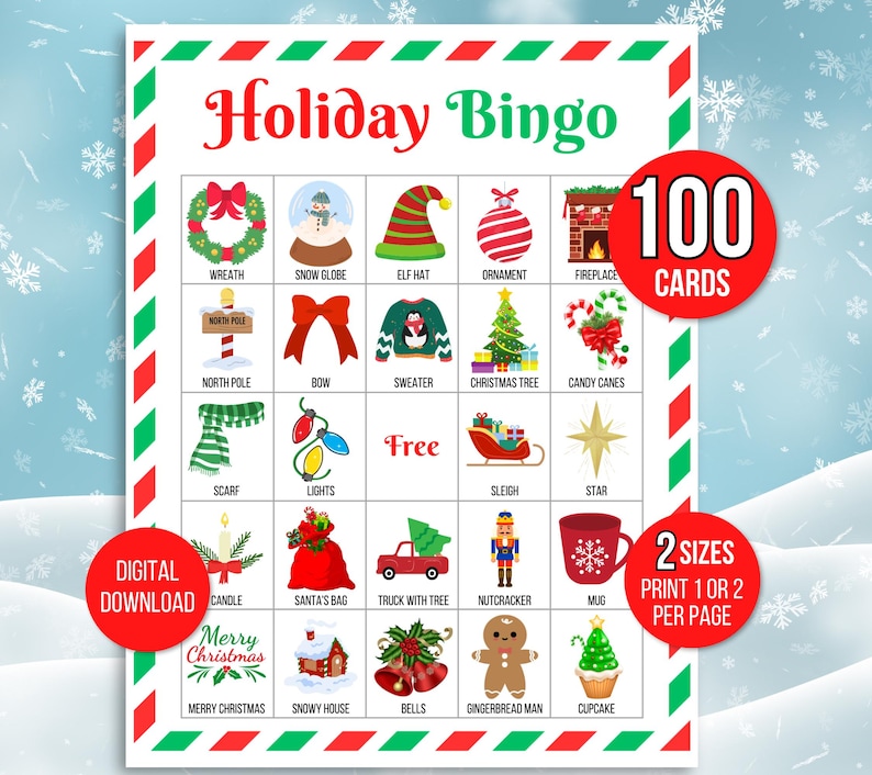 Holiday Bingo, 100 Holiday Bingo Cards, Christmas Bingo, Christmas ...