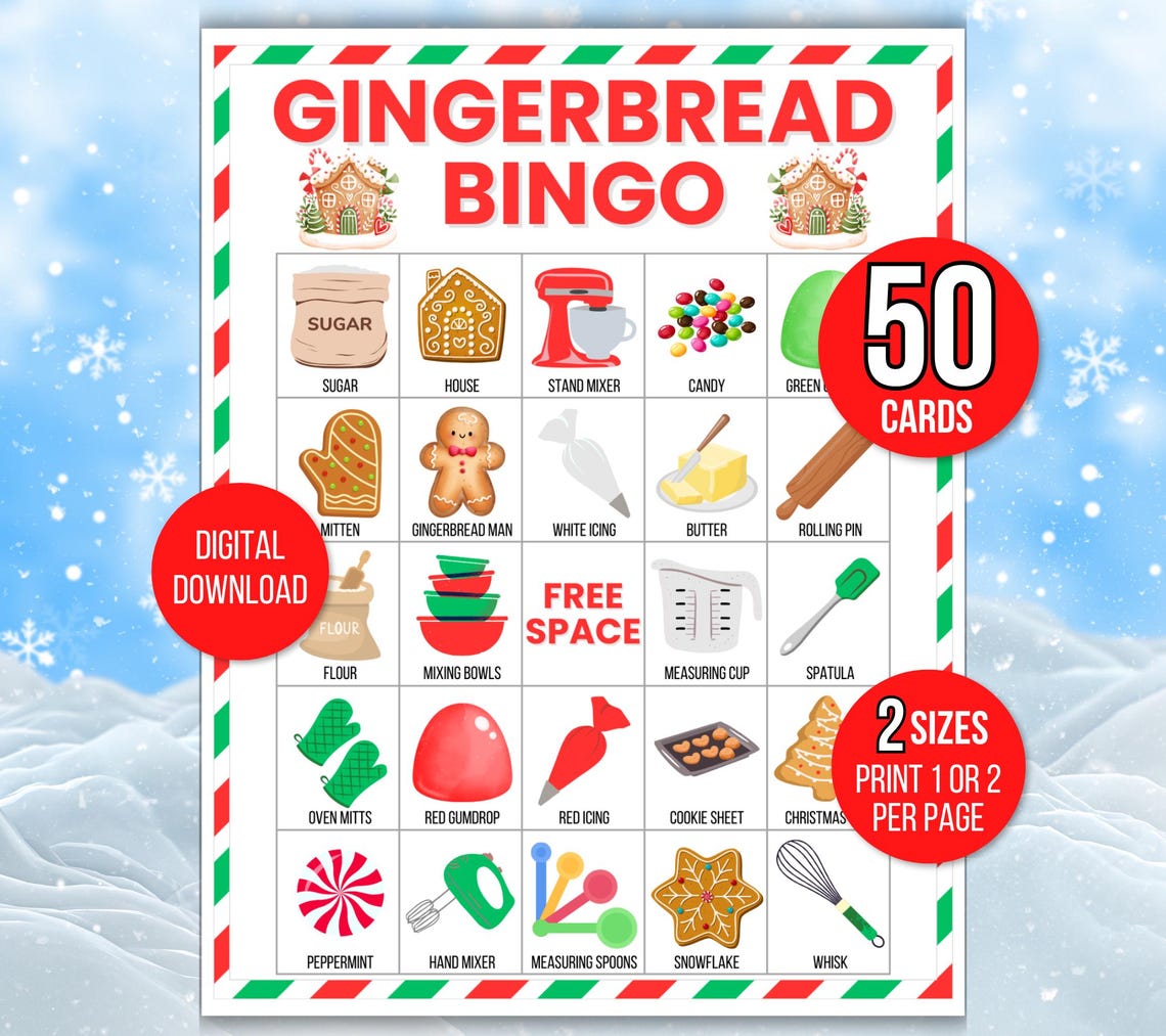 Gingerbread Bingo, 50 Gingerbread Bingo Cards, Christmas Baking Bingo ...