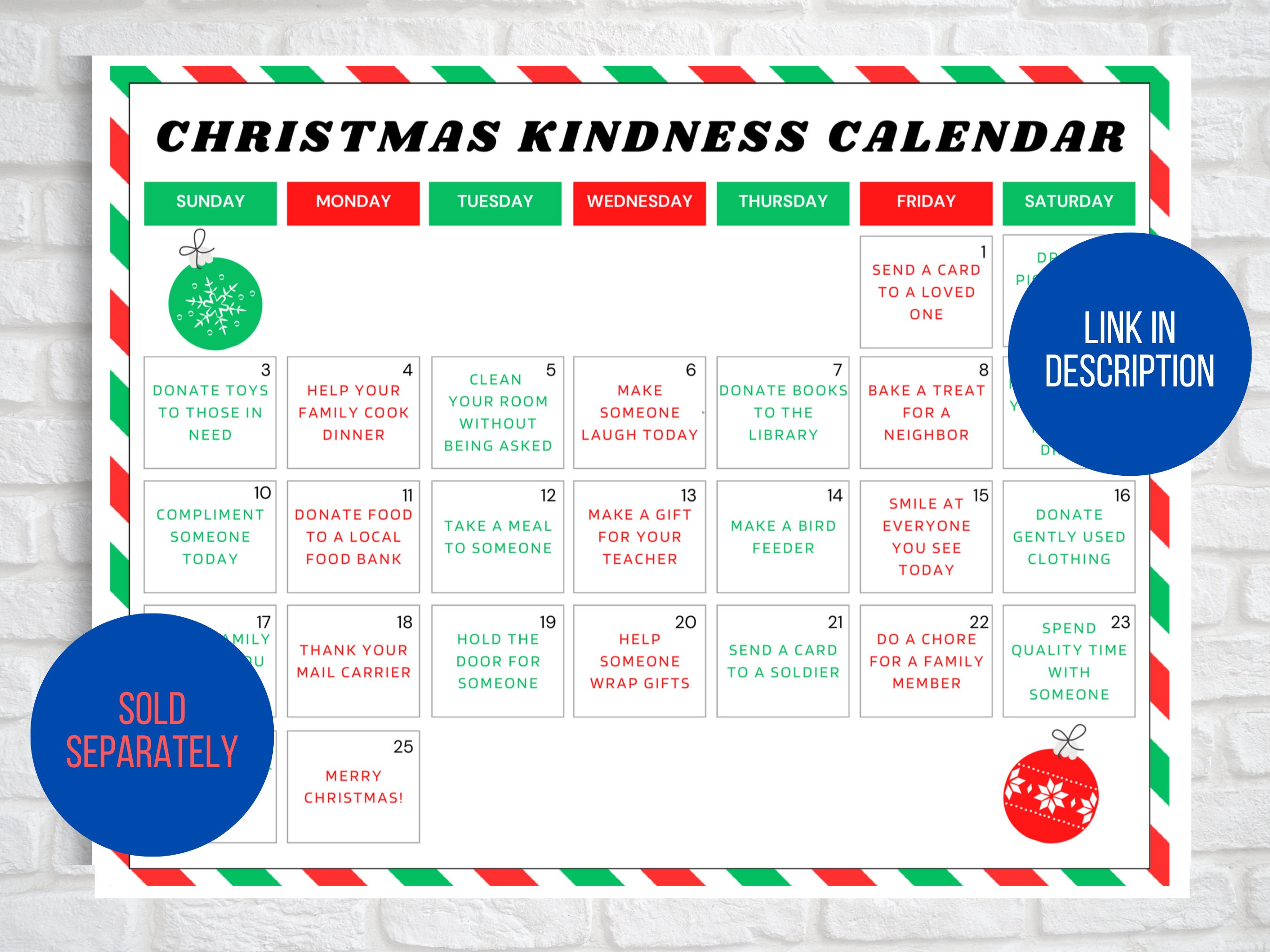 Kindness Calendar, Acts of Kindness Calendar, Kid's Kindness Challenge ...